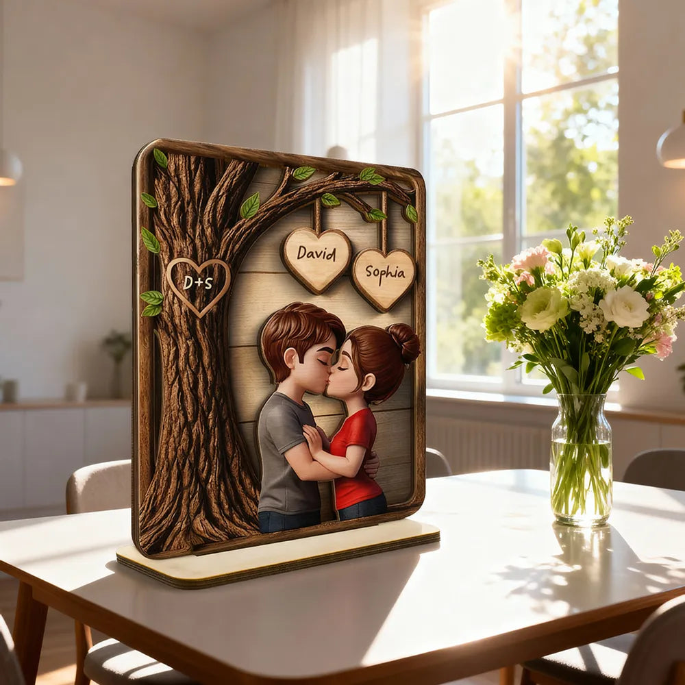 Loving Couple Kissing Under Tree - Personalized 2-Layered Wooden Plaqu ...