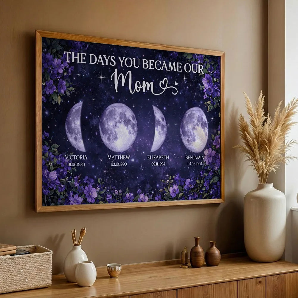 Purple Flowers The Day You Became Mom Grandma Custom Birth Moon Phase ...