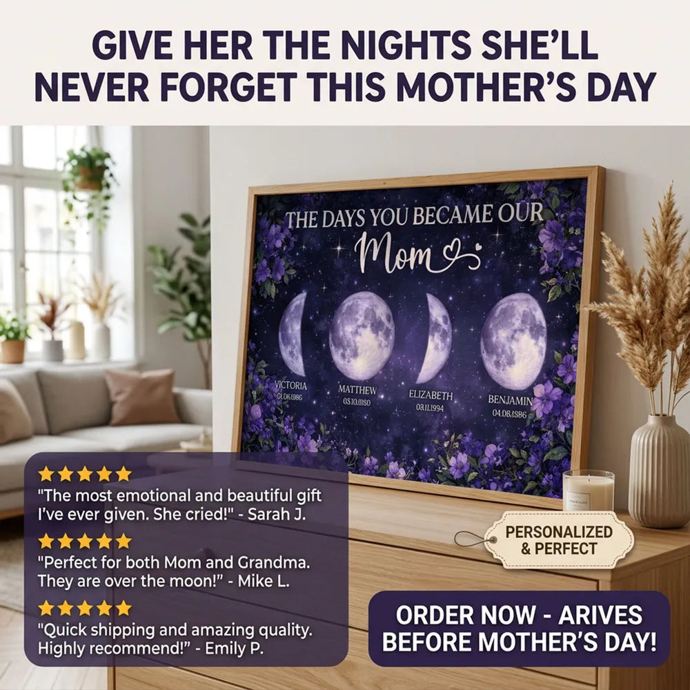 Purple Flowers The Day You Became Mom Grandma Custom Birth Moon Phase ...