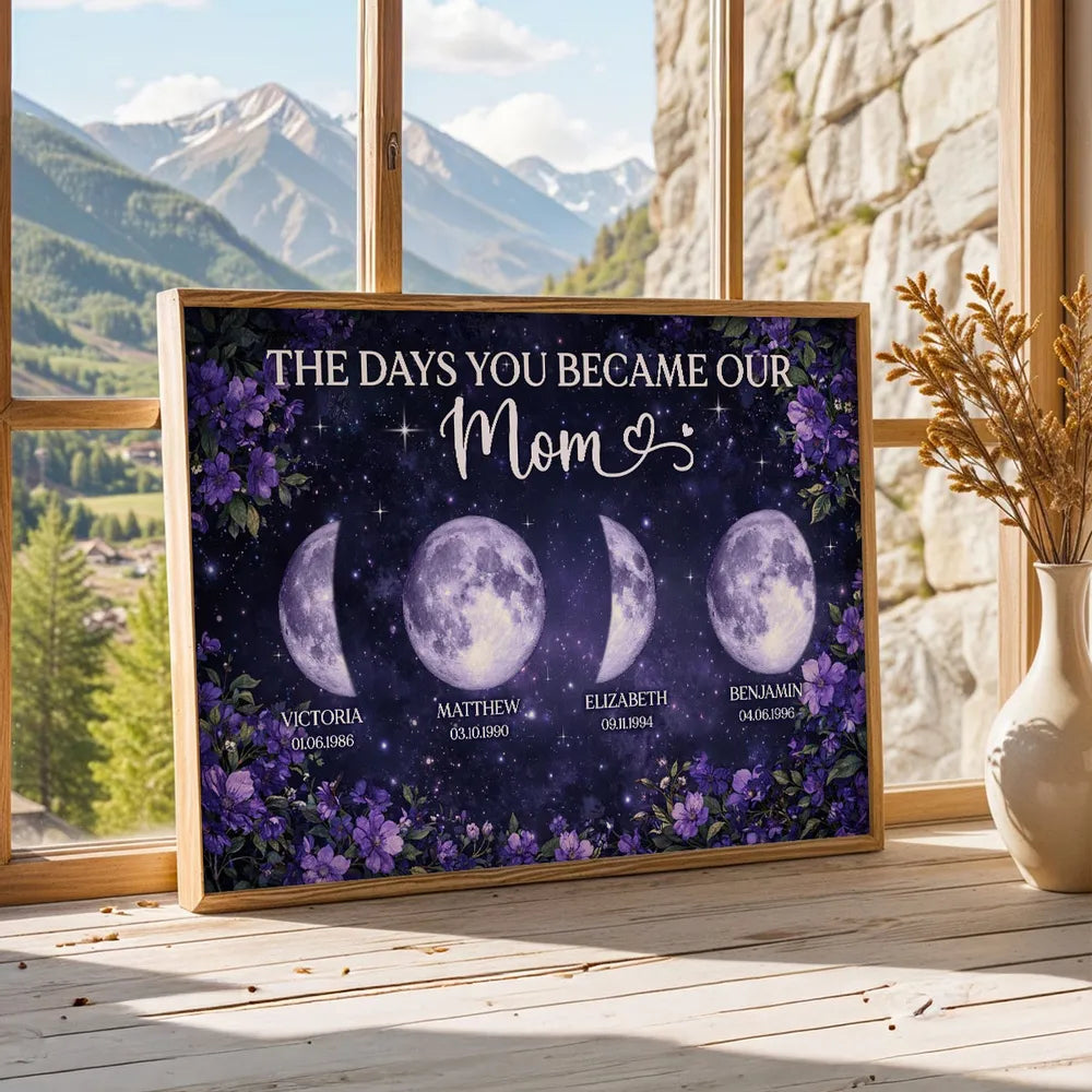 Purple Flowers The Day You Became Mom Grandma Custom Birth Moon Phase ...