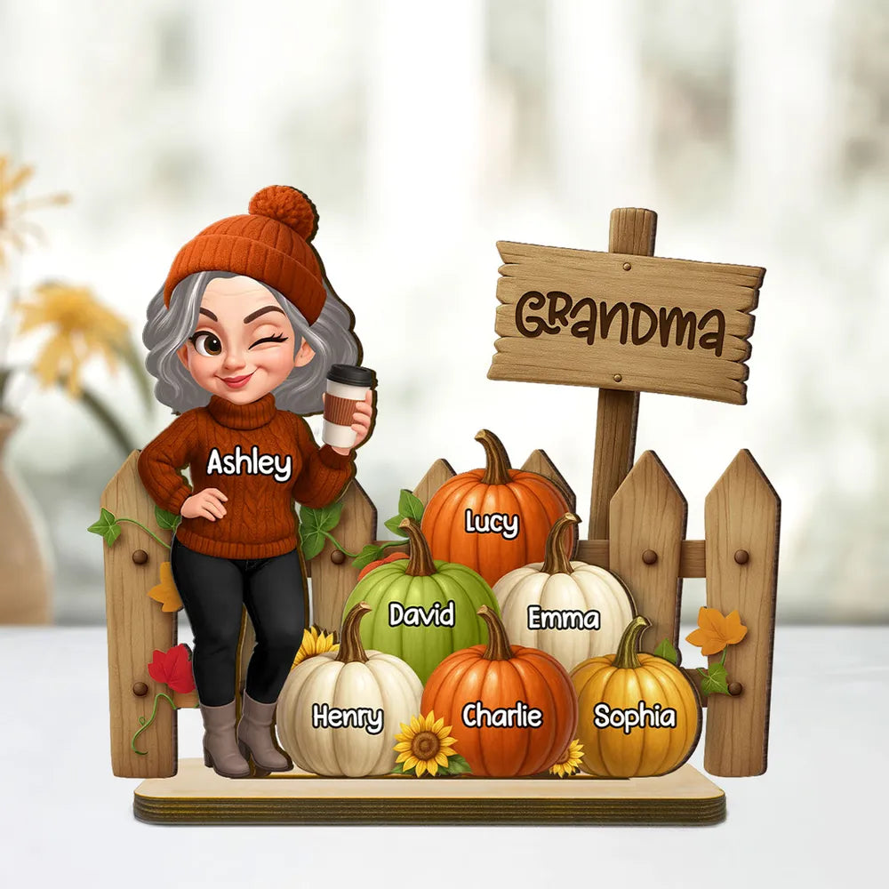 Grandma Fall Season Standing At Fence Pumpkins Personalized Standing W ...
