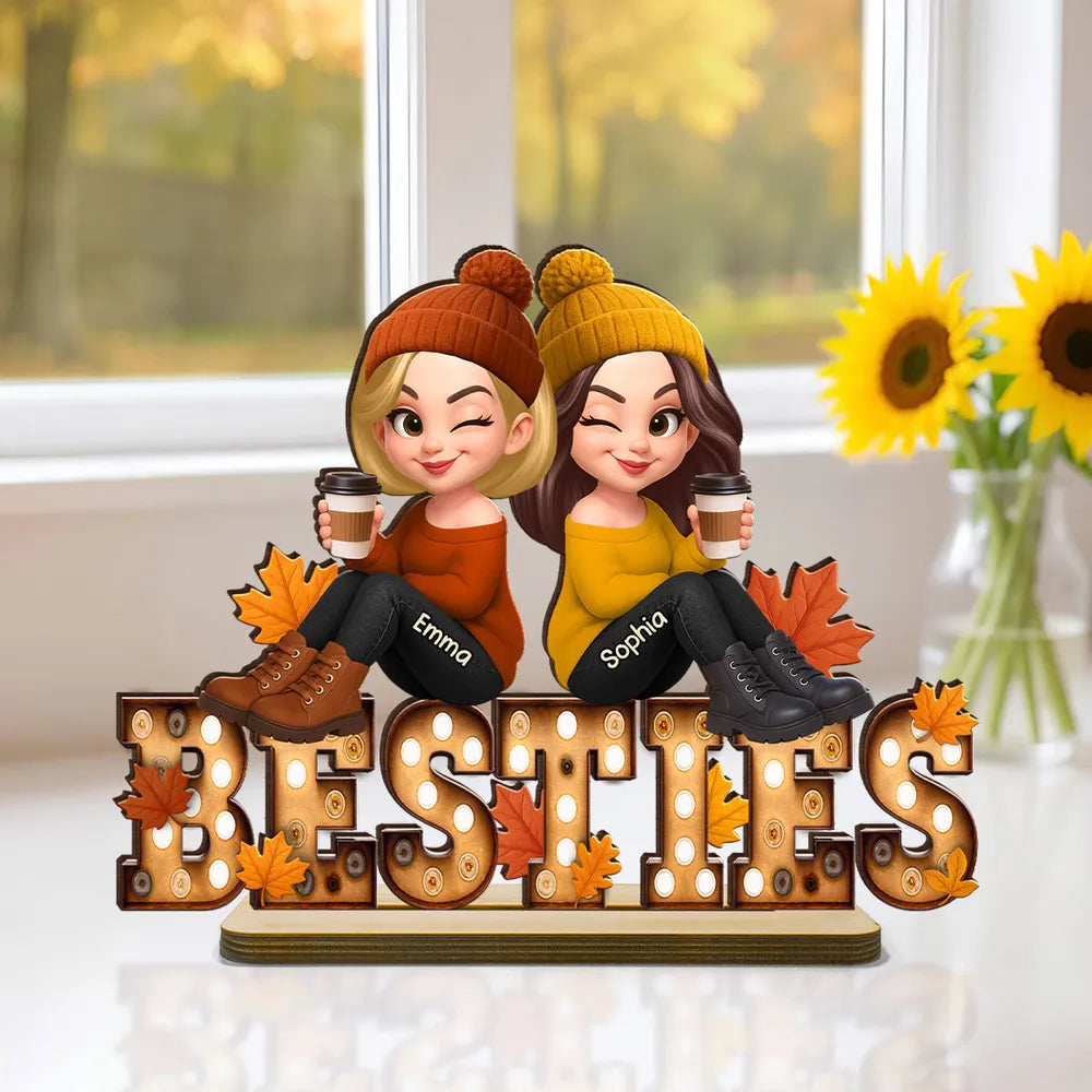 Fall Besties Sitting On Tex Marquee Effect Personalized Standing Woode ...